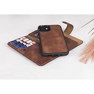 HARDISTON Premium iPhone XR Bi-Fold Wallet Case, Handmade Genuine Leather, Detachable Magnetic Flip Cover with Card Holders, Customizable, Double Fold Phone Case, Kickstand, Wireless Charging (Brown)