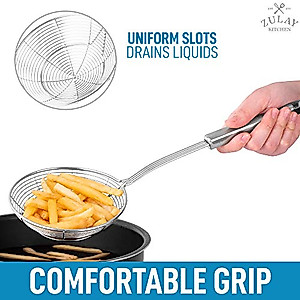 Zulay Kitchen 15.4 Inch Stainless Steel Strainer - Spiral Wire Mesh Skimmer Spoon Ladle With Long Handle - Reinforced Double Coil Slotted Spoons For Cooking and Frying