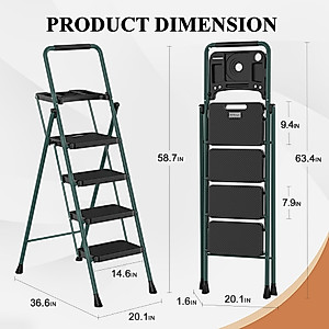 HBTower 4 Step Ladder with Handrails, Folding Step Stool Portable Steel Ladder for Adults for Home Kitchen Library Office, Green