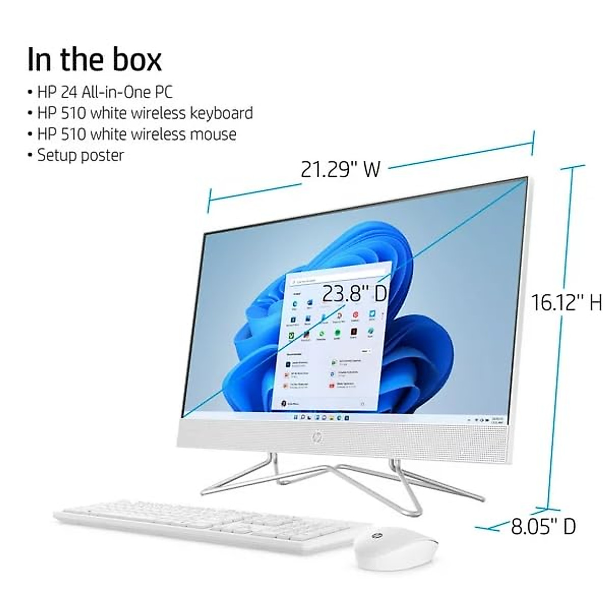 HP 24 All-in-One PC, Intel Core i3-1115G4, 4GB RAM, 256GB SSD, Snow White, Windows 11 Home, 24-df1023w