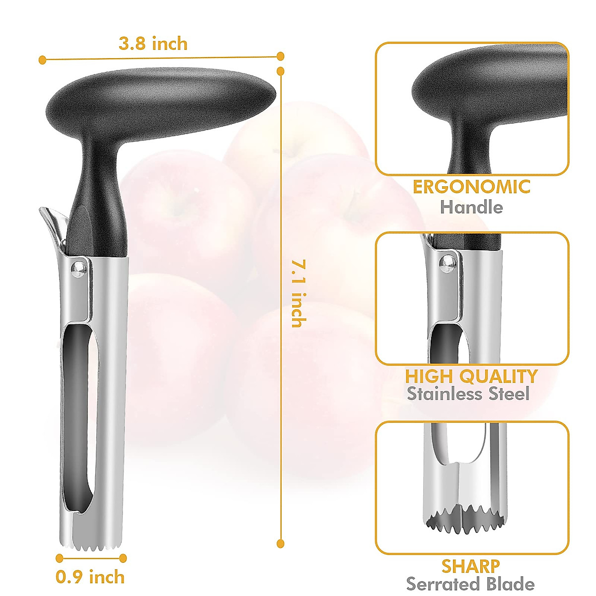 Apple Corer, Premium Stainless Steel Apple Corer Tool,Sturdy Ergonomic Handle, Easy to Use and Clean,Durable Apple Corer Remover for Pears, Bell Peppers, Fuji, Honeycrisp, Pink Lady Apples (black)