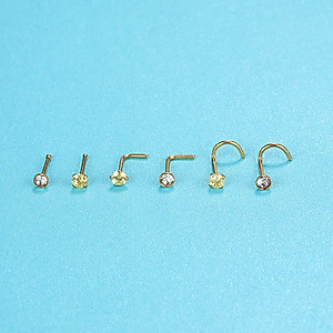 BodyAce 12pcs 20g Gold Nose Ring Hoop Nose Studs for Men Women Nose Piercing Jewelry Diamond Septum Ring Nose Bones/L Shaped/Nose Screw Sets Stainless Steel Nostril Studs (Gold)