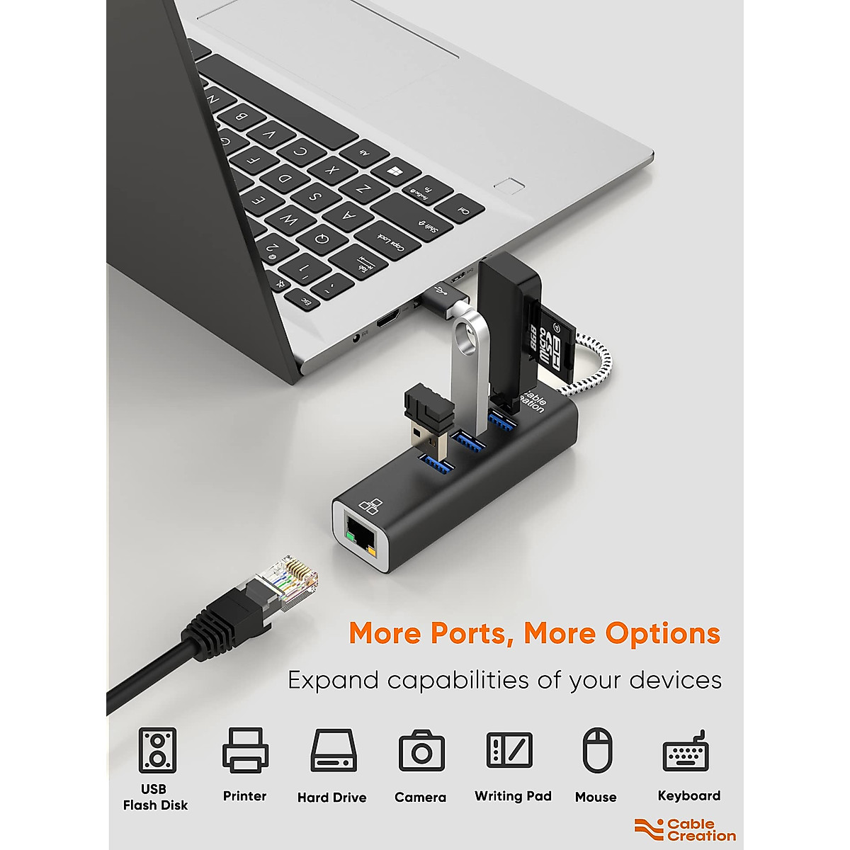 USB to Ethernet Adapter, CableCreation 3-Port USB 3.0 Hub, USB 3.0 Ethernet Adapter RJ45 10/100/1000 Mbps Gigabit Compatible with Windows PC, Laptop, MacBook Pro, USB Flash Drives etc, Aluminum Black