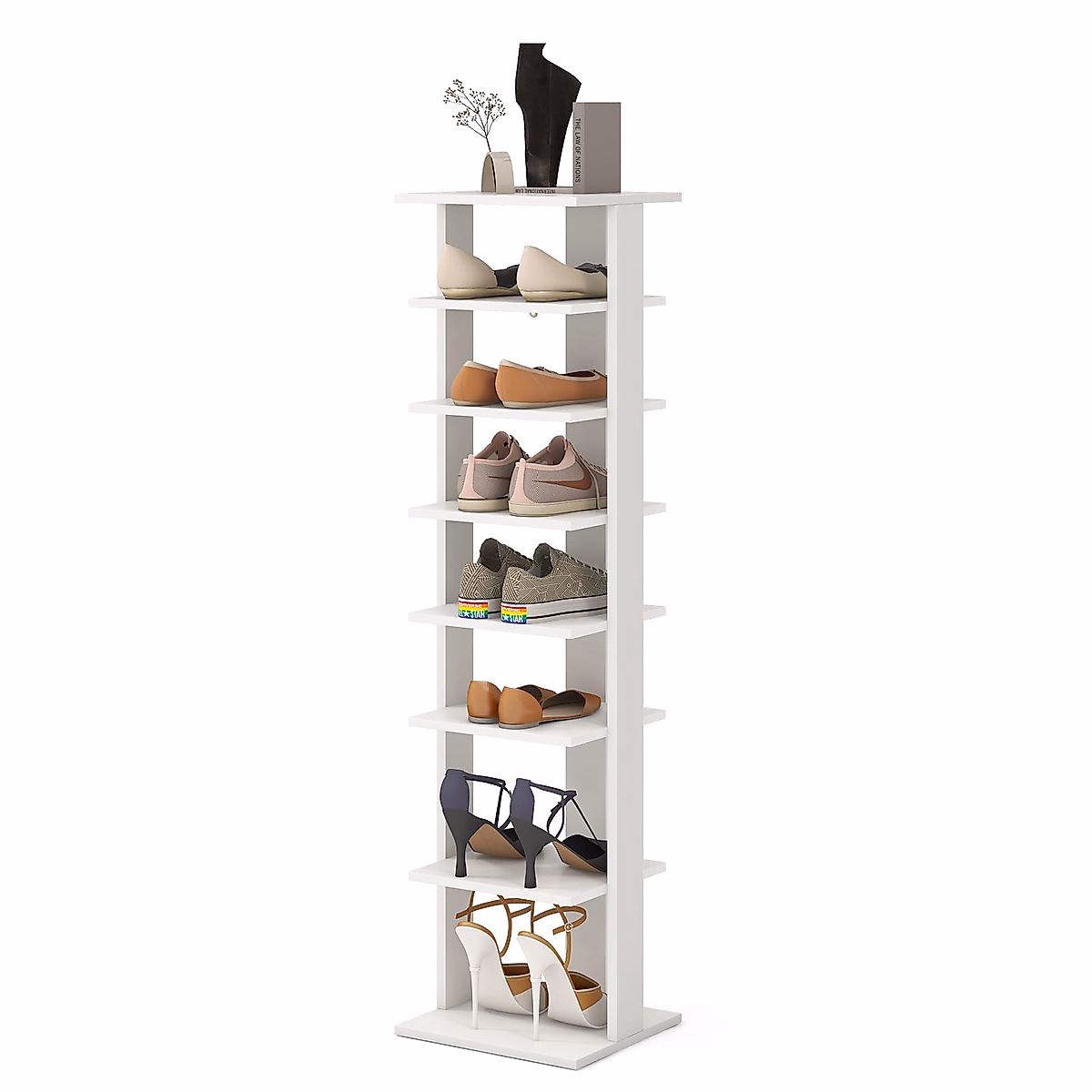 COSTWAY 8-Tier Vertical Shoe Rack, Tall Narrow Shoe Storage Organizer with Removable Shelf for Boots, Anti-Tipping Kit, Space-Saving Shoe Stand with for Small Place, Entryway (White)
