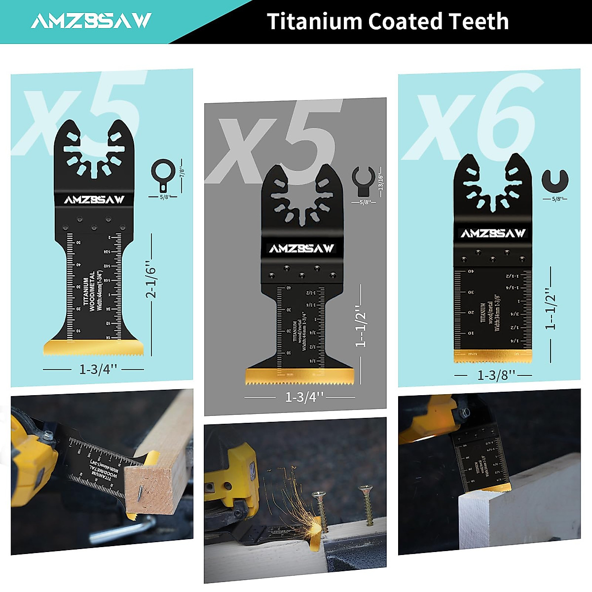 AMZBSAW 16 PCS Titanium Oscillating Saw Blades Metal Cutting, Universal Multitool Blades for Metal Nails Hard Material and Wood Plastic, Multi Tool Blades Kits Fit Dewalt Bosch Worx Milwaukee Ryobi