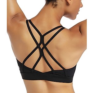 RUNNING GIRL Strappy Sports Bra for Women Sexy Crisscross Back Light Support Yoga Bra with Removable Cups (Black, CN:L/US:M【Fit for 34D 34C 36B 36A】)