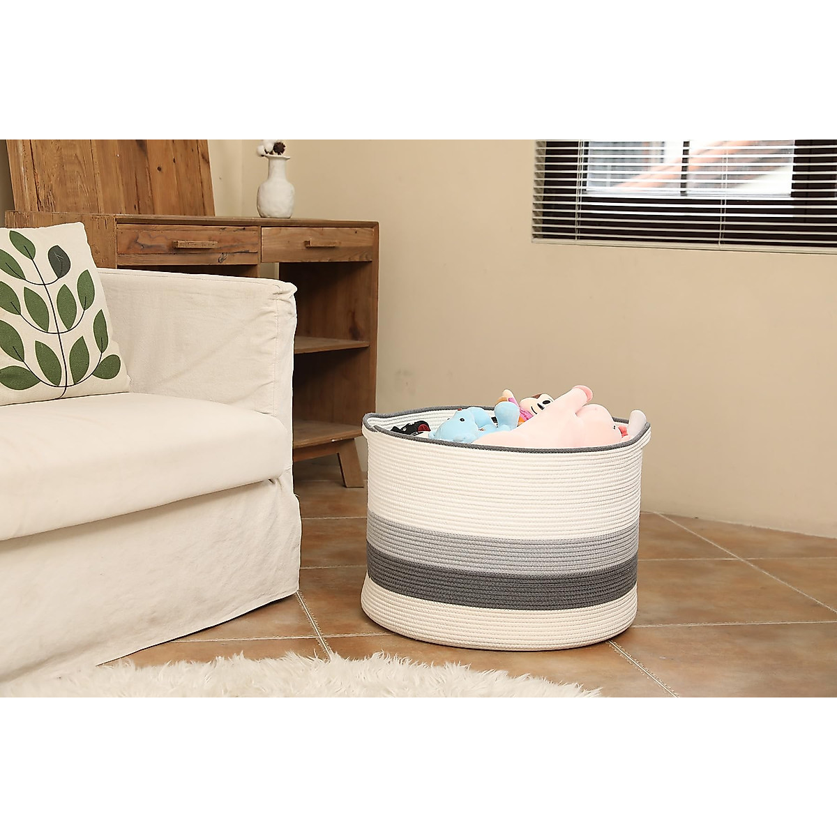 24" x 24" x 17" Max Size Large Cotton Rope Basket, Extra Large Storage Basket, Woven Laundry Hamper, Cloth Storage Bin, for Blankets Clothes Towels Pillows in Living Room, Double Graded Grey