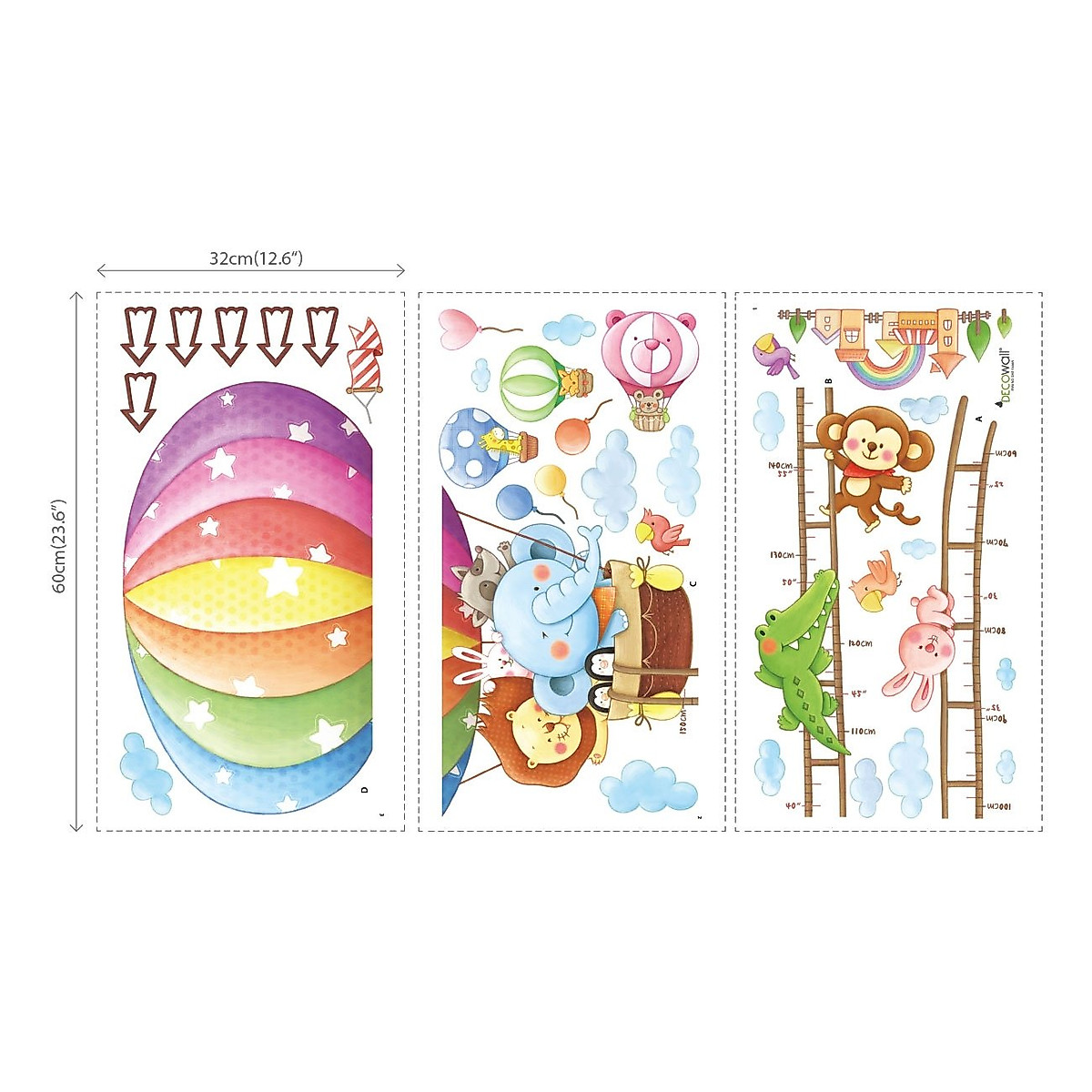 DECOWALL BS-1606 Animal Hot Air Balloon Height Growth Chart Kids Wall Stickers Wall Decals Peel and Stick Removable Wall Stickers for Kids Nursery Bedroom Living Room d?cor