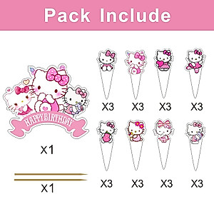 25pcs Kitty Cake Decorations with 1pcs Cake Topper, 24pcs Cupcake Toppers for Girls Birthday Party Decorations