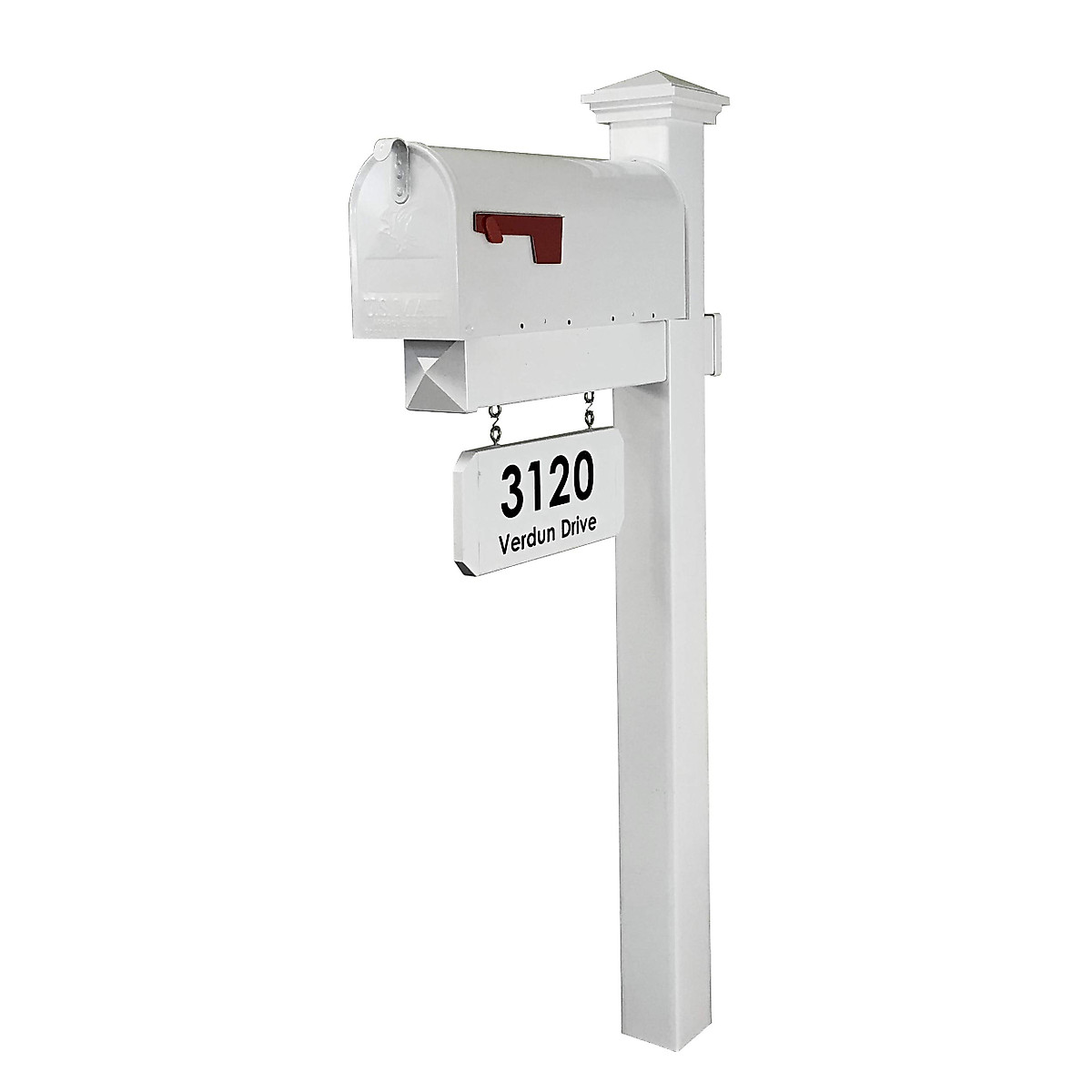4Ever Products The Jackson Complete Mailbox System - Vinyl/PVC Post (includes Mailbox) Decorative Curbside Postal Solution with Classic Traditional Style and Hanging Address Plate (White Mailbox)