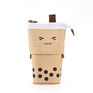 Pencil Case Standing Pen Holder Telescopic Makeup Pouch Pop Up Cosmetics Bag Stationery Office Organizer Box for Students Unsex Adults (Brown)