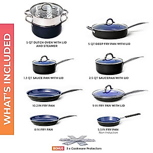 Mueller UltraClad Sapphire Pots and Pans Set Nonstick, 14 Piece Induction Cookware Sets, Aluminum Body, Includes Non Stick Deep Frying Pan, Sauce Pans for Cooking, Dutch Oven and More