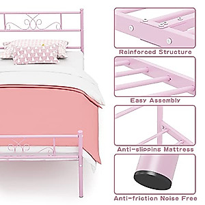 Weehom Metal Platform Bed Frame with Headboard and Footboard Under Storage 12.7Inch Twin Size Beds Mattress Foundation Pink