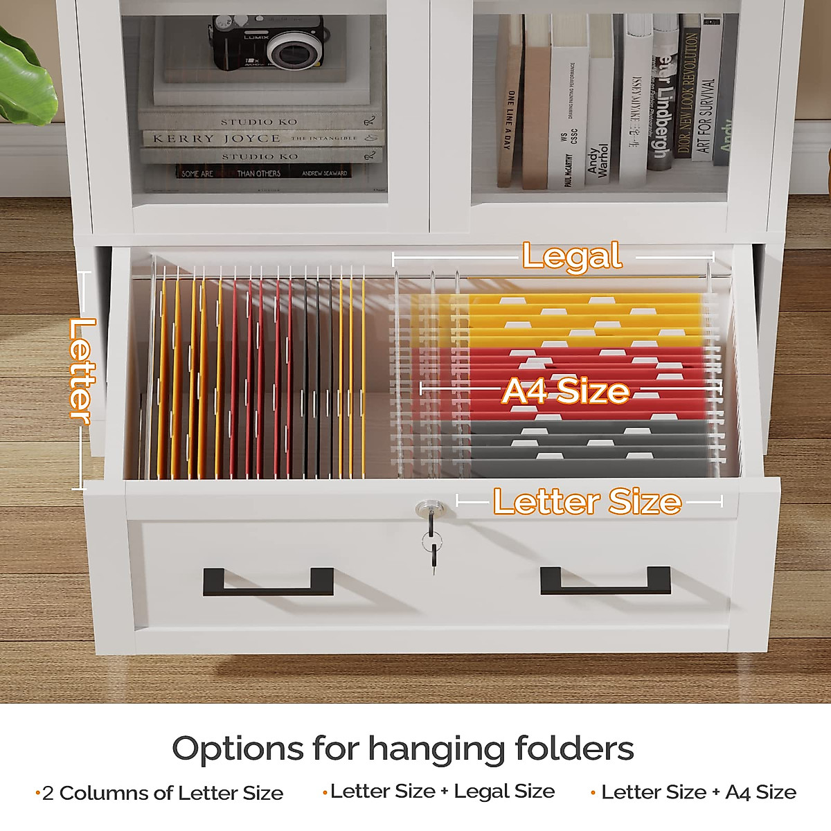 VINGLI Wood Lateral File Cabinet With Bookshelf With Glass Doors And Adjustable Shelves for Home Office, White Filing Cabinet With Lock for Hanging Letter/A4/Legal Size Labeled Folders,30W x 16D x 55H