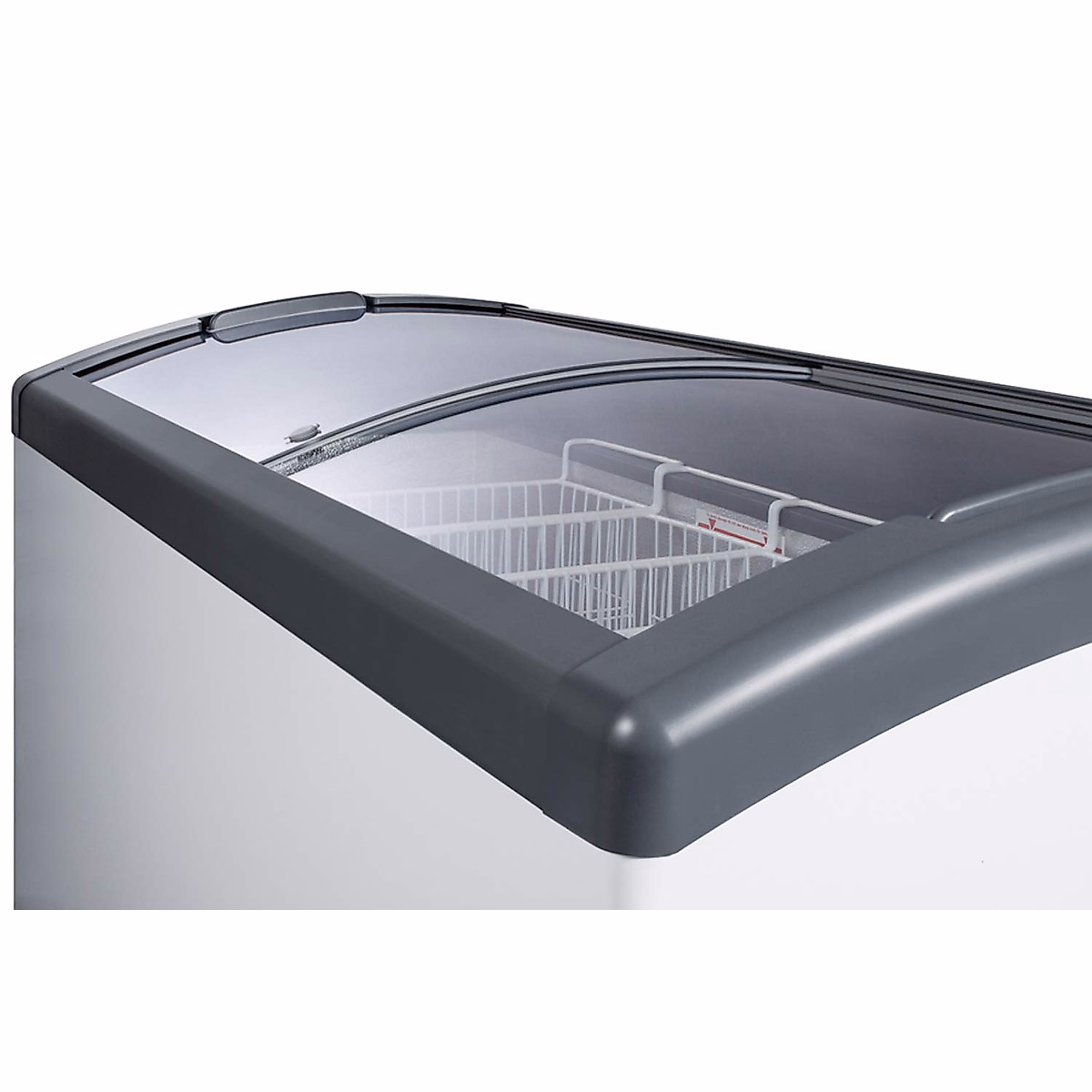 Summit FOCUS131 Top Display Commercial Freezer with 12.4 cu. ft. Capacity Digital Thermostat Sliding Glass Lid Manual Defrost Casters Hammered Aluminum Interior in White