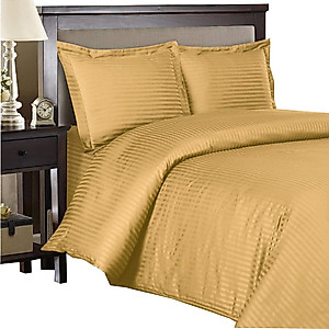Royal Tradition Stripes Gold 300 Thread Count King/California King Duvet Cover Set 100% Cotton 3PC Comforter Cover Set Button Enclosures