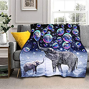 Elephant Blanket Cute African Animals Print Throw Blanket Colorful Dreamy Bubbles Pattern Bed Blanket Cozy Lightweight Flannel Fleece Blankets for Bedroom Living Room Sofa Couch