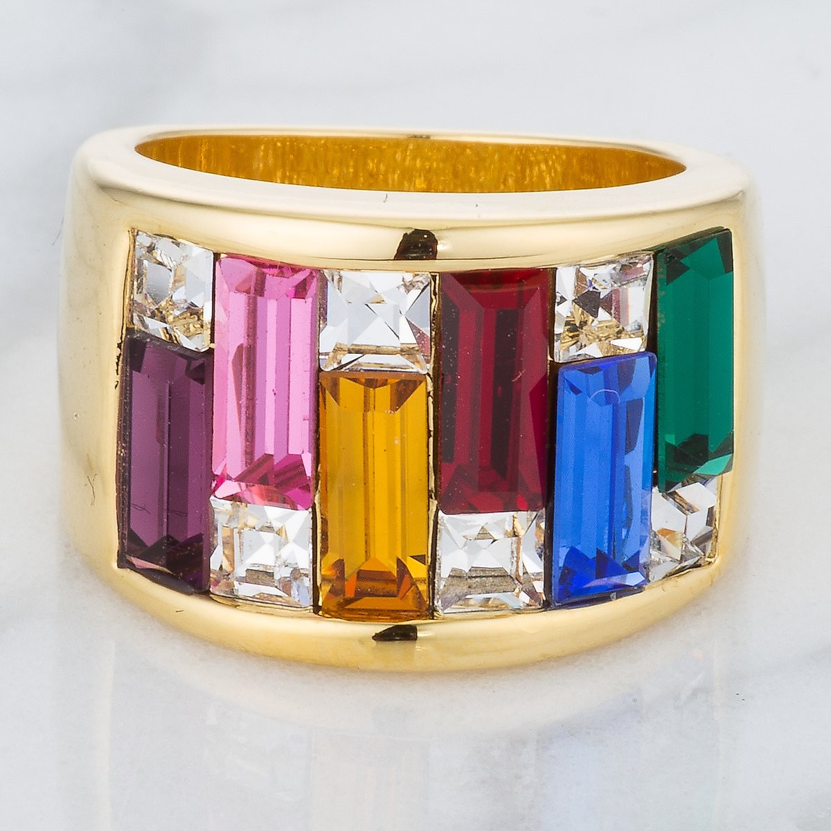 18k Gold Plated Ring with Dark Multi-Color Alternated Princess and Baguette Cut Crystal Size 7