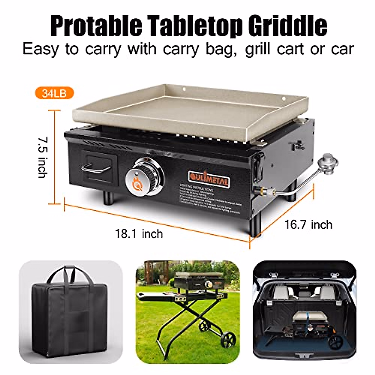 QuliMetal Portable Griddle Flat Top Grill 17 Inch Table Top Griddle Gas Grill Propane Grill with Carry Bag Outdoor Griddle Camping Griddle 15,000 BTU Burner 268 Sq Stainless Steel For Party Tailgating