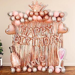 Rose Gold Birthday Decorations for Women, Girls Birthday Princess Party,Happy Birthday Banner,Pink Gold Bachelor Party Balloon Happy Birthday Decoration Party Supplies (rose gold)