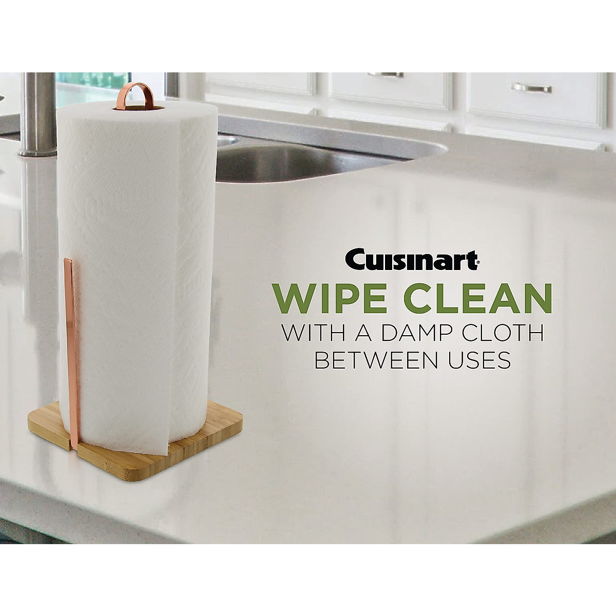 Cuisinart Stainless Steel Finish Paper Towel Holder with Solid Bamboo Base, Stainless Steel Arm for Tear Assistance, Countertop Paper Towel Dispenser, Fits Any Size Kitchen Towel Roll - Copper Finish