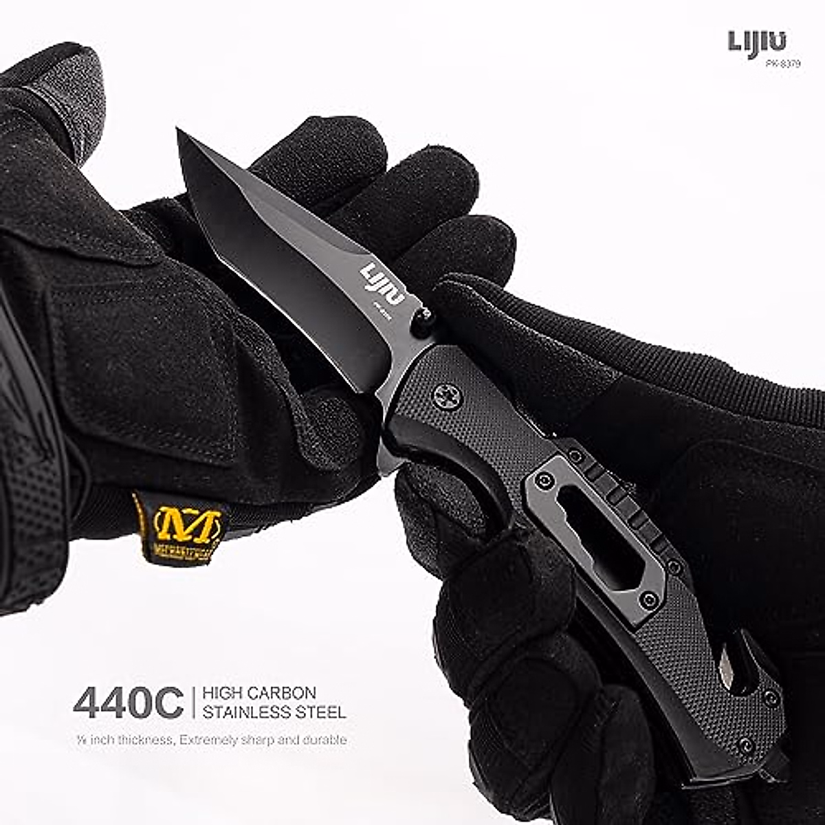 LI JIU Folding Pocket Knife - 8 inch Tactical Knife, made of high-carbon steel, Aluminum handle & Pocket Clip, Multifunctional design (Black)