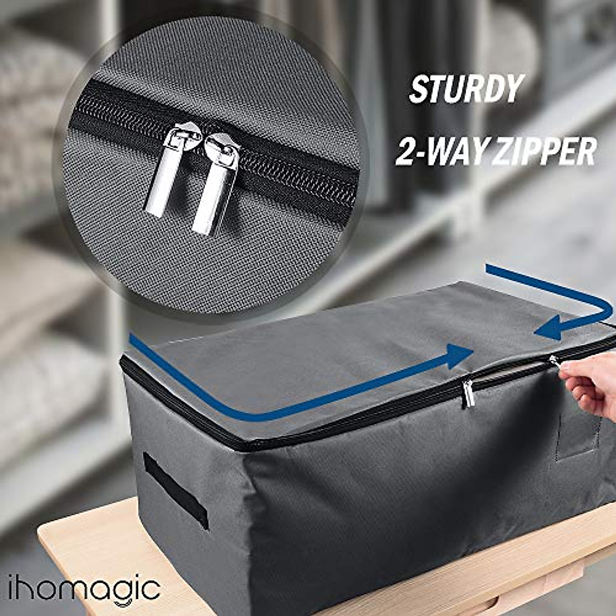 IHOMAGIC 2-Pack Under Bed Storage Bag, Zippered Clothes Storage Organizer with Handles - Storage Bins with Clear Pocket to Insert Label – for Clothing, Blankets, Towels 49L(Navy Blue/Dark Grey, S)