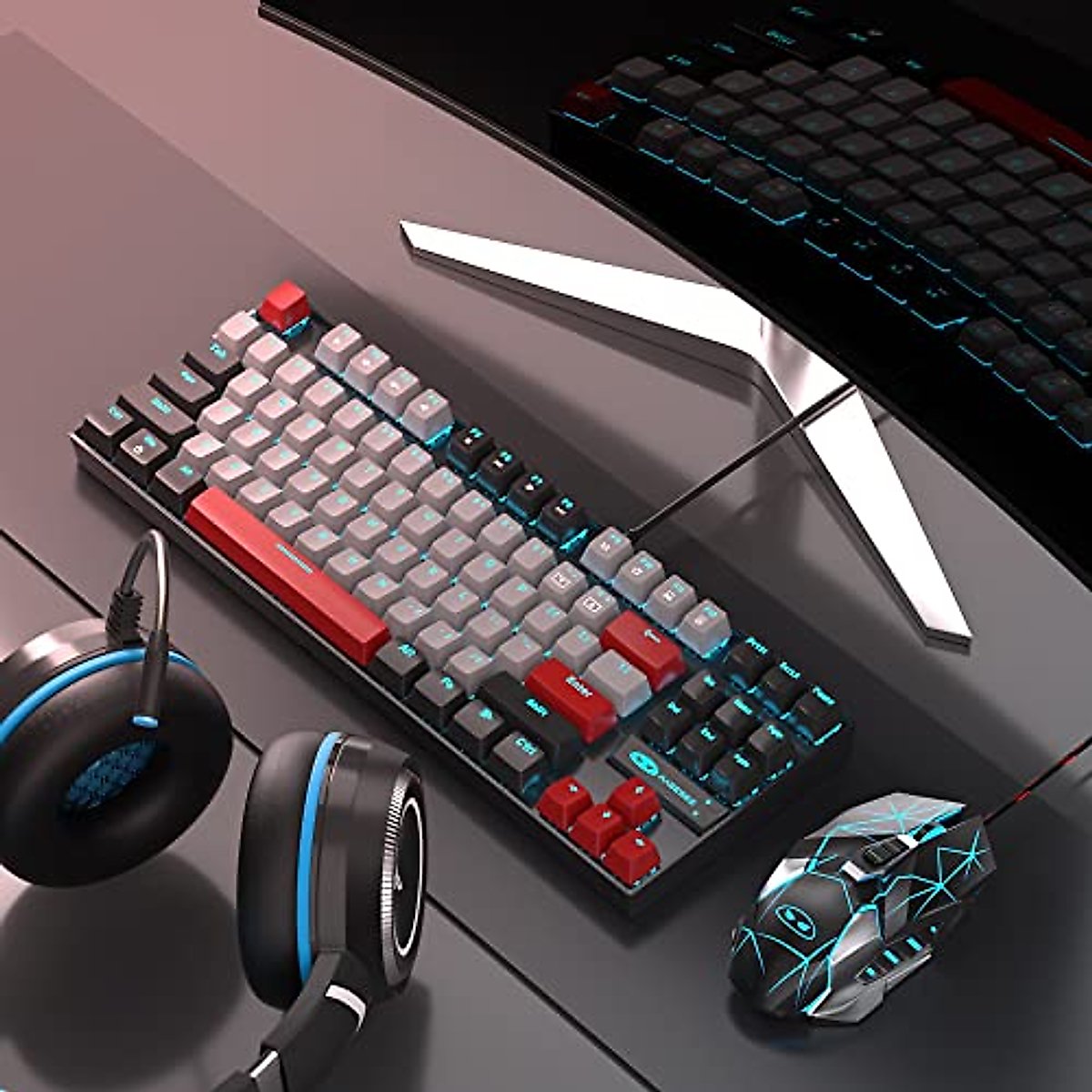 MageGee 75% Mechanical Gaming Keyboard with Blue Switch, LED Blue Backlit Keyboard, 87 Keys Compact TKL Wired Computer Keyboard for Windows Laptop PC Gamer - Grey/Black