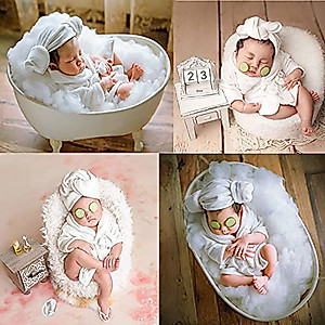 5PCS Newborn Photography Outfits, DISTART Baby Hooded Plush Towel Cotton Bathrobes Bath Outfit with Slippers Photo Props for Toddle Infant Girls and Boys Shower Shoot Gift (White), 0-6 Months