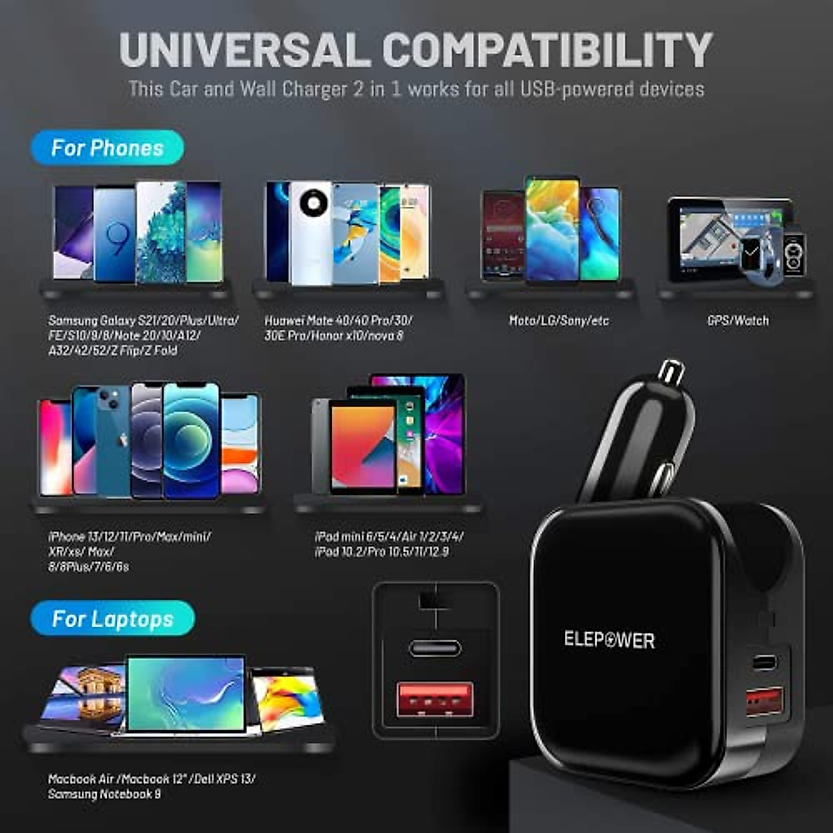 Car Charger, Elepower 2 in 1 Car and Wall Charger Dual Port USB & Type C Foldable Plug 25W Power Adapter for iPhone 14 13 12Pro Max/XR/ 8 7, iPad Pro 12.9 11 10.2/Air 4 /Mini, Galaxy GPS LG- Black