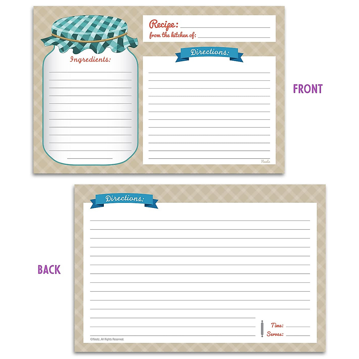 Neatz Mason Jar Recipe Cards - 50 Double Sided Cards, 4x6 inches. Thick Card Stock