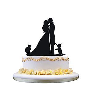 YAMI COCU Wedding Cake Toppers Cats Black Acrylic Cake Topper of Engagement and Wedding with Bride and Groom