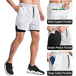 Aolesy Men’s 2 in 1 Running Shorts 5 Inch Workout Gym Athletic Shorts for Men Quick Dry Lightweight Training Shorts with Pockets White