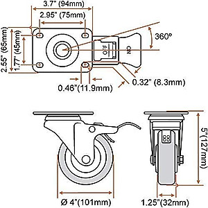 4 Pack 4" Caster Wheels Swivel 360 Degree 2 with Brake Swivel and 2 Rigid Non Swivel Fixed Stationery Combo On Red Polyurethane Wheels with Hardware