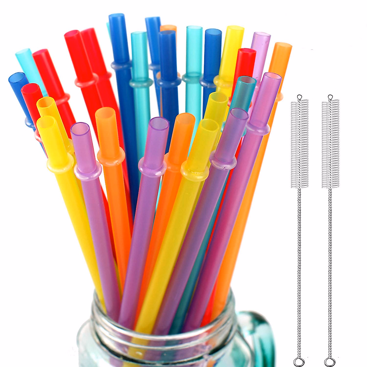 32 Pieces Reusable Plastic Straws Fit for Mason Jars, Tumblers, 10.25 Inches Extra Long Rainbow Colored Unbreakable Drinking Straws with 2 Cleaning Brushes, BPA Free and Eco Friendly