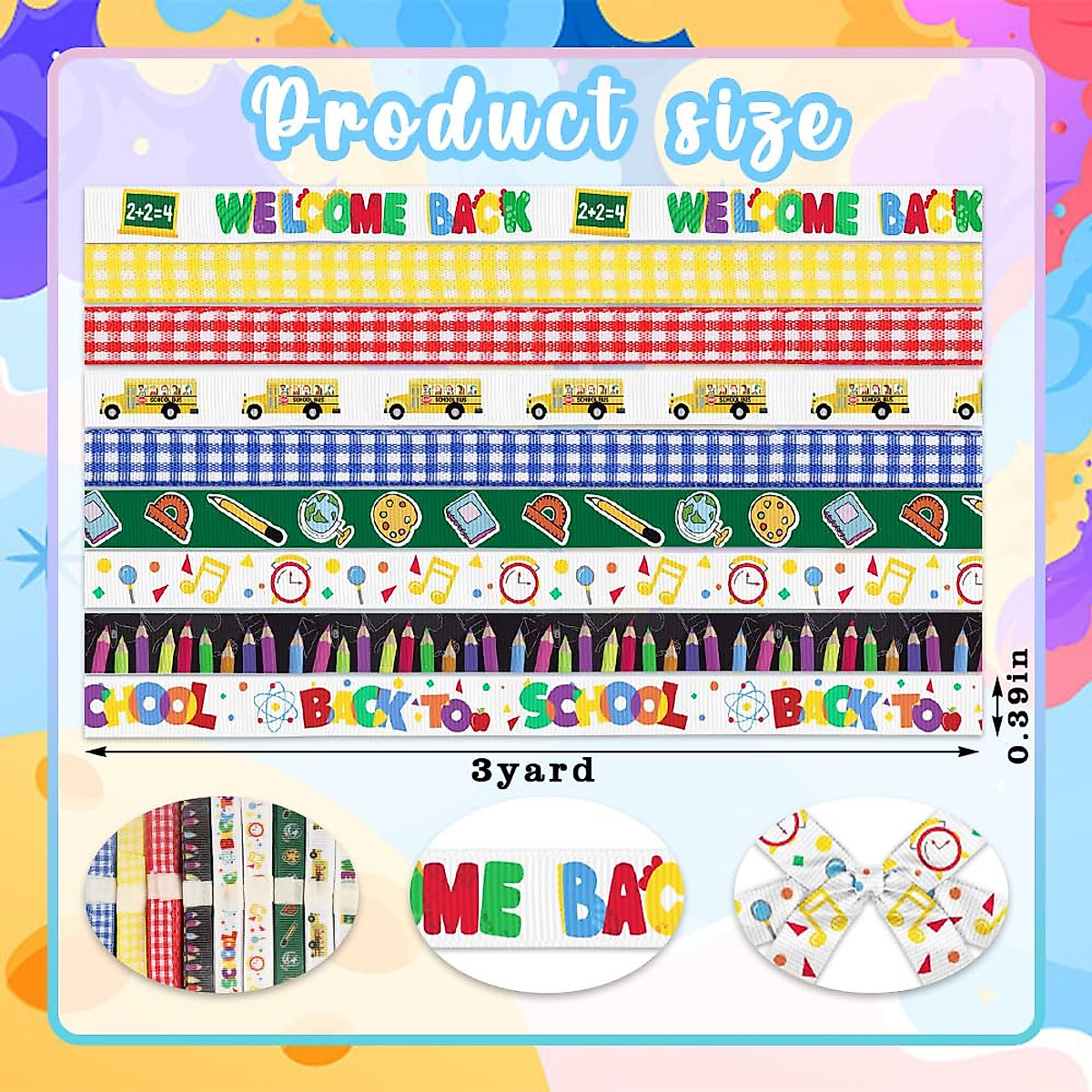 9 Rolls 27 Yards Back to School Ribbons, Welcome Back Grosgrain Ribbons Red Blue Yellow Plaid Ribbons School Rock Ribbons School Bus 3/8" Gift Wrapping Ribbons for Teacher Kindergarten Party Supply