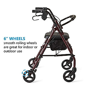 Medline Rollator Walker with Seat, Steel Rolling Walker with 6-inch Wheels Supports up to 350 lbs, Medical Walker, Burgundy