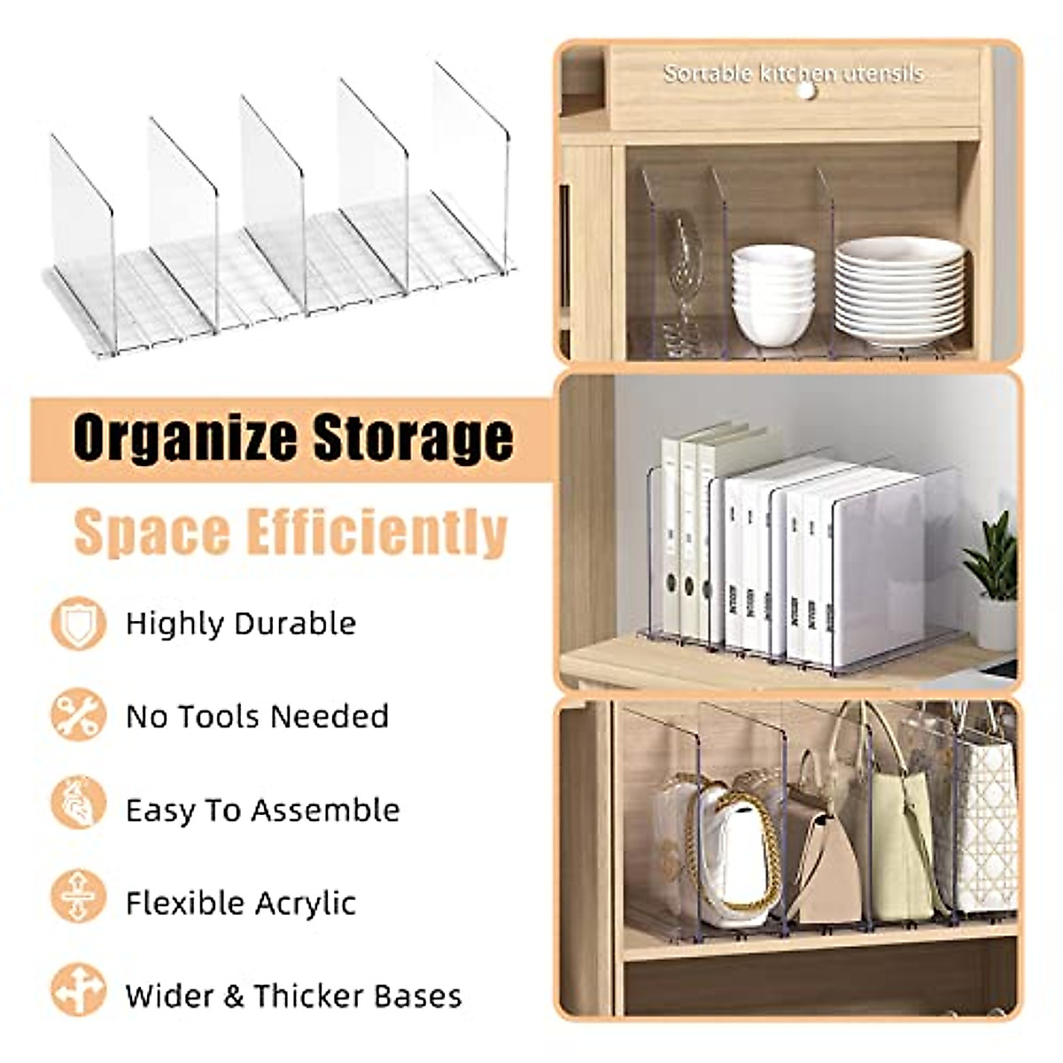 DSstyles Purse Organizer for Closet, Adjustable Acrylic Shelf Divider for Clothes Purses Handbag Closet Organizer, Adjustable for Bedroom, Kitchen, Cabinets, 5 Pack, Clear