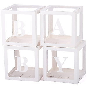 Baby Boxes with Letters for Baby Shower, Gender Reveal Decorations with 4 Transparent Balloon Boxes for Gender Reveal Baby Shower Decorations(White)