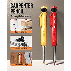Nicpro 5 Pack Mechanical Carpenter Pencil Set with 76 Refills & Carbide Scribe Tool, Solid Deep Hole Carpenter Markers Woodworking Pencils with Built-in Sharpener for Construction Architect -With Case