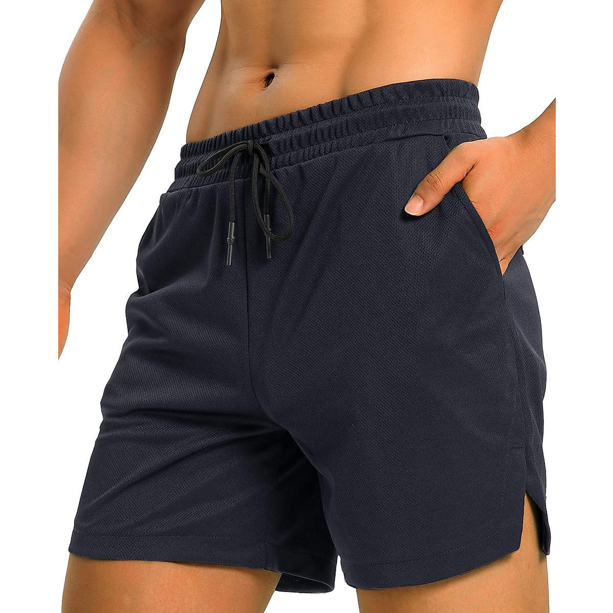 CNRUWE Mens Workout Running Shorts Lightweight Breathable Gym Athletic Shorts 5 inch Inseam Short Men with Zipper Pockets,Navy Blue M