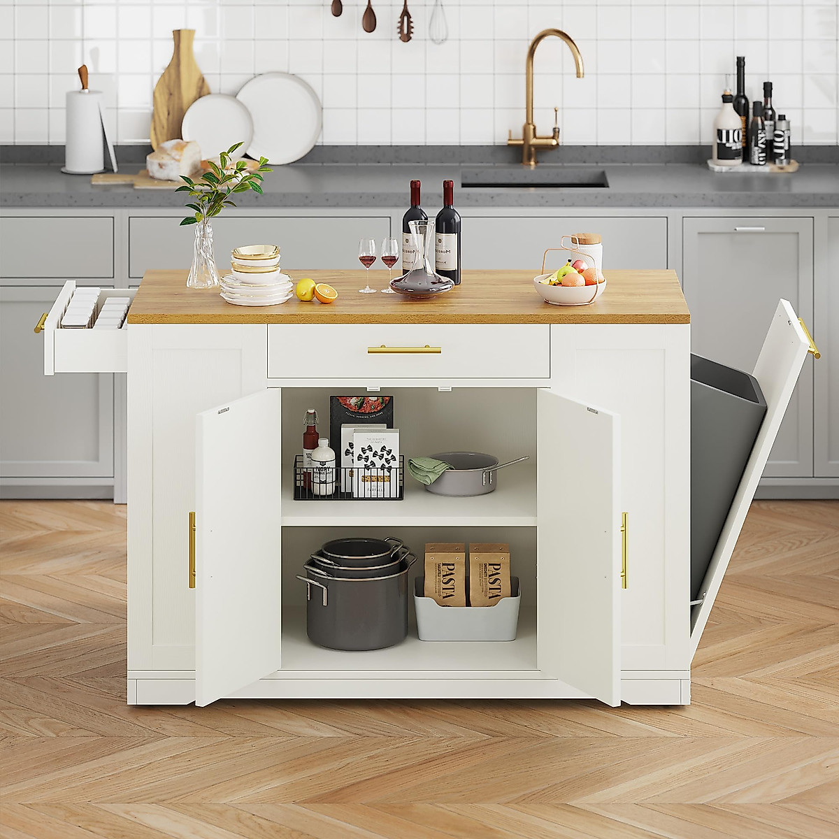 YITAHOME 53 inch Large Rolling Kitchen Island with Trash Can Storage Cabinet, Portable Mobile Islands Table Long Floating Movable w Wheels Cabinet for 13 Gallon Garbage Bin 2 Drawer, White Oak