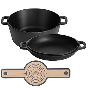 E-far Pre-Seasoned Cast Iron Dutch Oven, 5 Quart 2 in 1 Dutch Oven Pot with Skillet Lid and Silicone Bread Sling, Ideal for Bread Baking, Cooking, Stewing, Frying, Induction & Oven Safe - Black