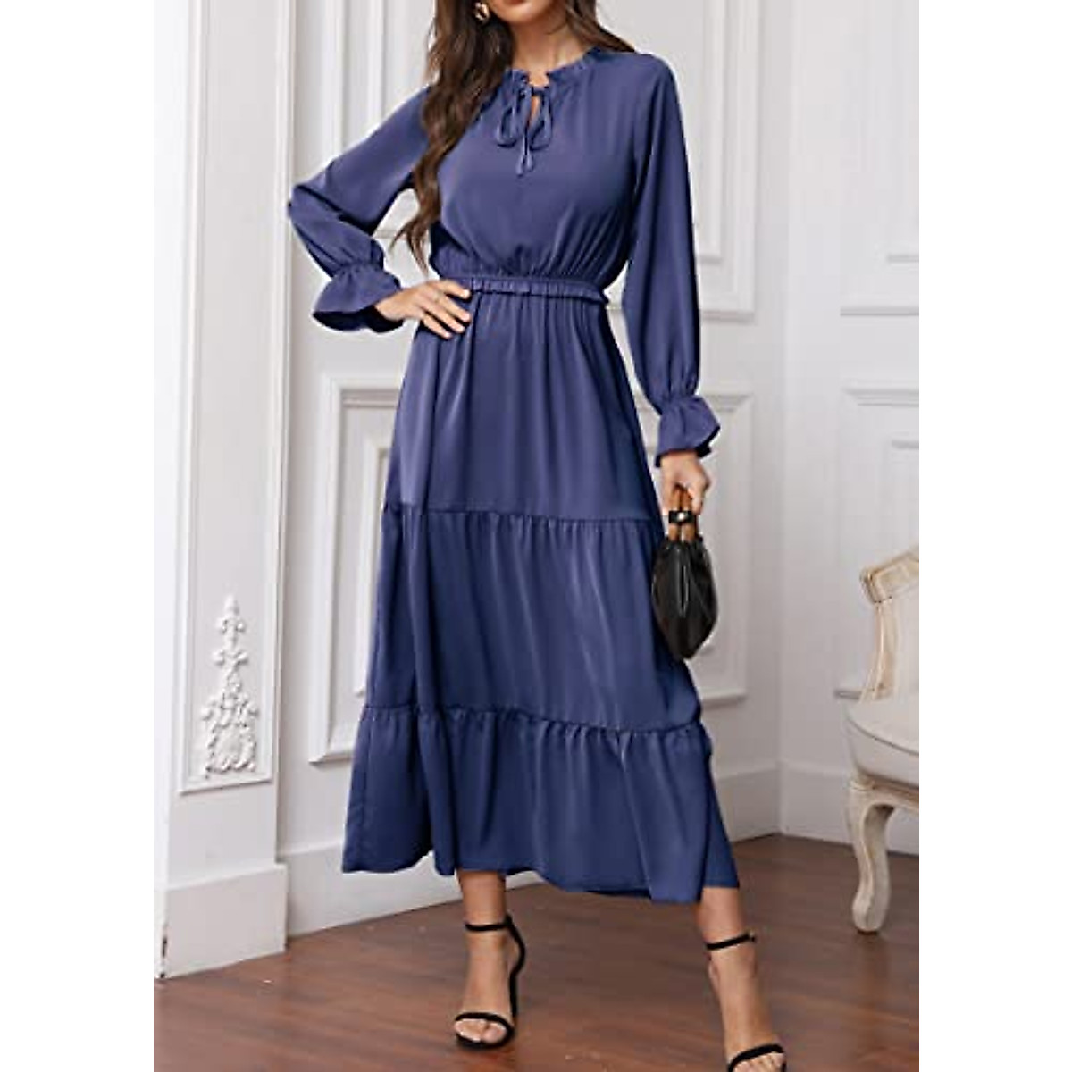KIRUNDO Women's 2023 Fall Long Sleeve Tie Crew Neck Maxi Dress Casual Empire Waist Boho Ruffle Flowy Long Dresses(Navy, X-Large)