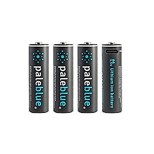 USB Rechargeable AA Batteries by Pale Blue, Lithium Ion 1.5v 1700 mAh, Charges Under 1 Hours, Over 1000 Cycles, 4-in-1 USB-A to USB-C Charging Cable, LED Charge Indicator, 4-Pack