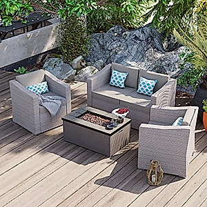 SUNBURY Outdoor 4-Piece Patio Furniture w Propane Fire Pit, Pearl Gray Rattan Conversation Set, 4 Blue Pillows w 32-inch Rectangle Wicker 40,000 BTU Fire Table w Glass Guard Fits 20 gal Tank Outside