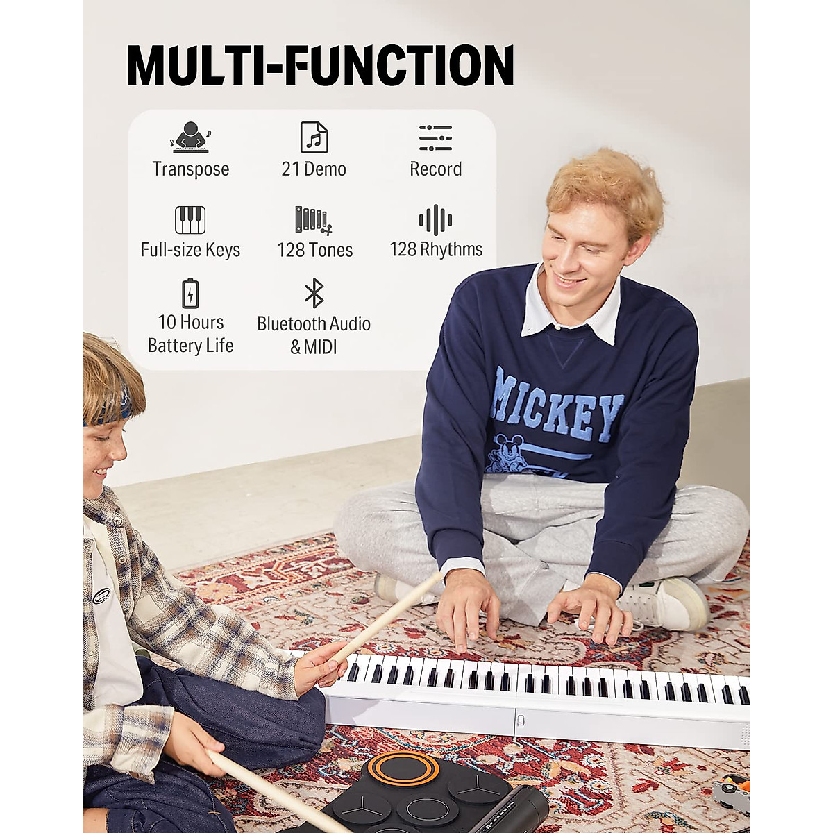 Donner 61-Key Folding Bluetooth Keyboard Piano for Beginners, Portable Piano Keyboard with Music Rest, Bag, Pedal, and App - White