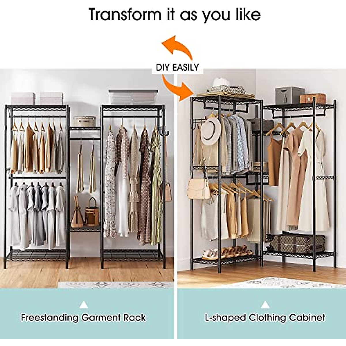 coucheta Clothes Rack Heavy Duty Garment Rack Portable Wardrobe Closet with Adjustable Shelves, Hanging Rods, Side Hooks for Hanging Clothes, Freestanding & L-shaped Closet (1 inch Diameter, Black)