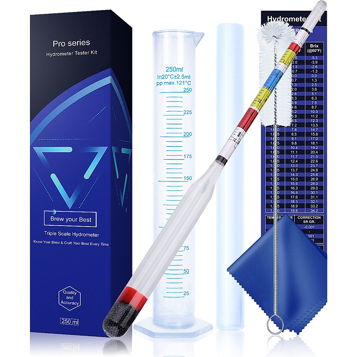 Hydrometer Test Kit, Triple Scale Alcohol Tester Hydrometer for Wine, Beer, Kombucha & Mead, Wine Making Kit, (ABV Tester, Brix, Specific Gravity Hydrometer) + Hydrometer Test Jar for Home Brewing Kit