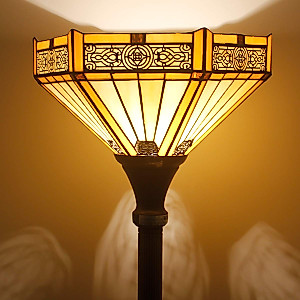 WERFACTORY Tiffany Floor Lamp Yellow Hexagon Stained Glass Mission Light 12X12X66 Inches Torchiere Standing Corner Torch Uplight Decor Bedroom Living Room Home Office S011 Series